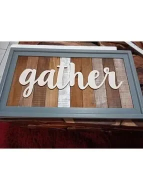 Accents | Rustic Wooden Gather Wall Sign With Blue Frame 28x16 | Poshmark